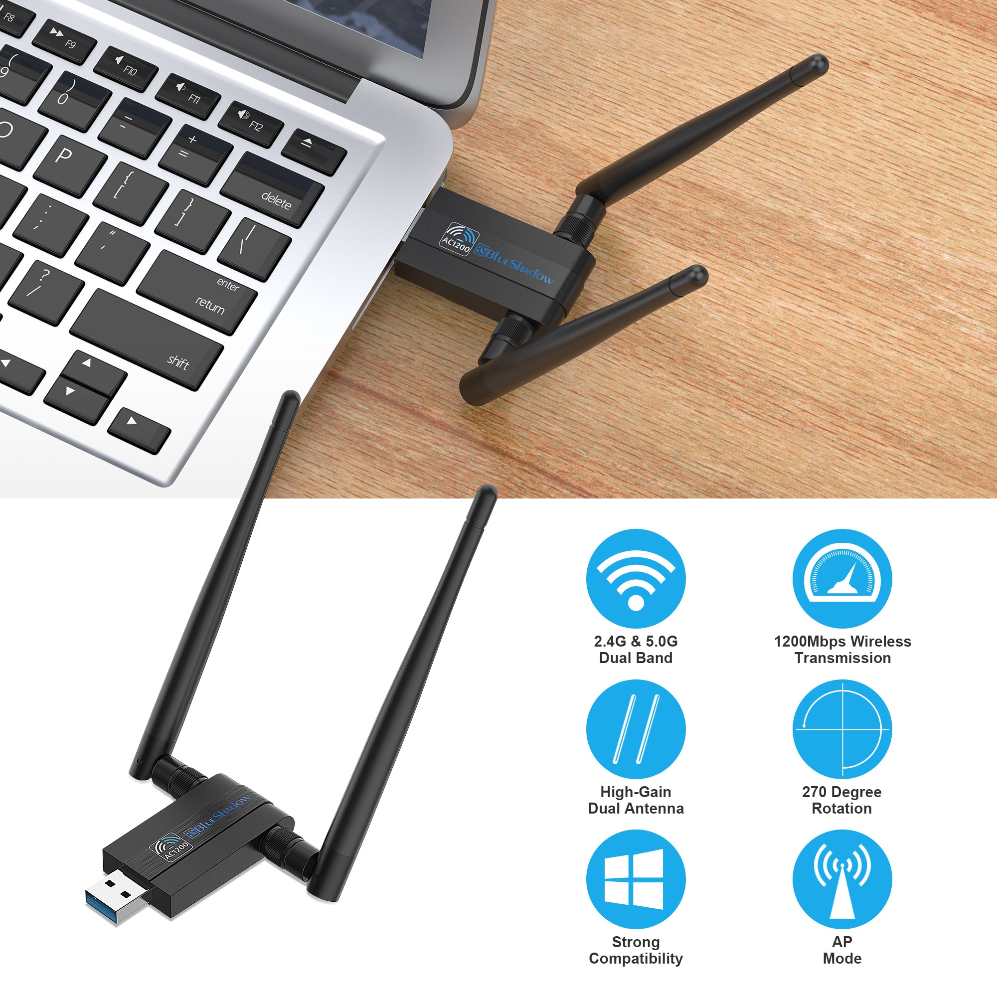 Blueshadow Fastest Wifi Adapter With Dual Band Wifi Antenna